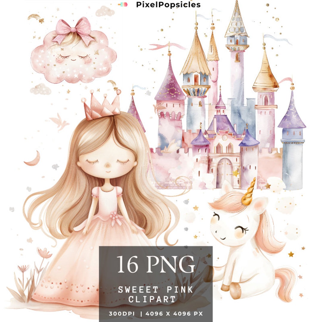 Watercolor Unicorn Clipart: Pink Princess Castle Set (digital Stickers ...