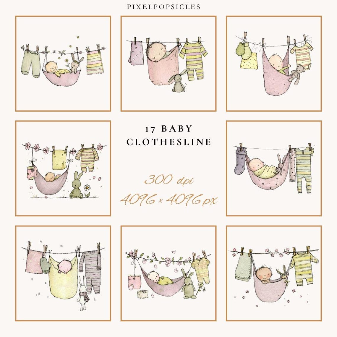 Baby Clothesline Clipart: Pastel Nursery Art, Gender Neutral (PNG JPG ...