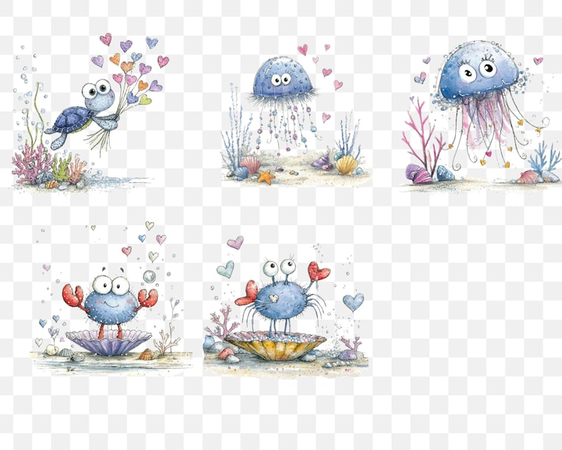17 Marine Valentine Watercolor Clipart: Valentine Art (PNG Digital ...