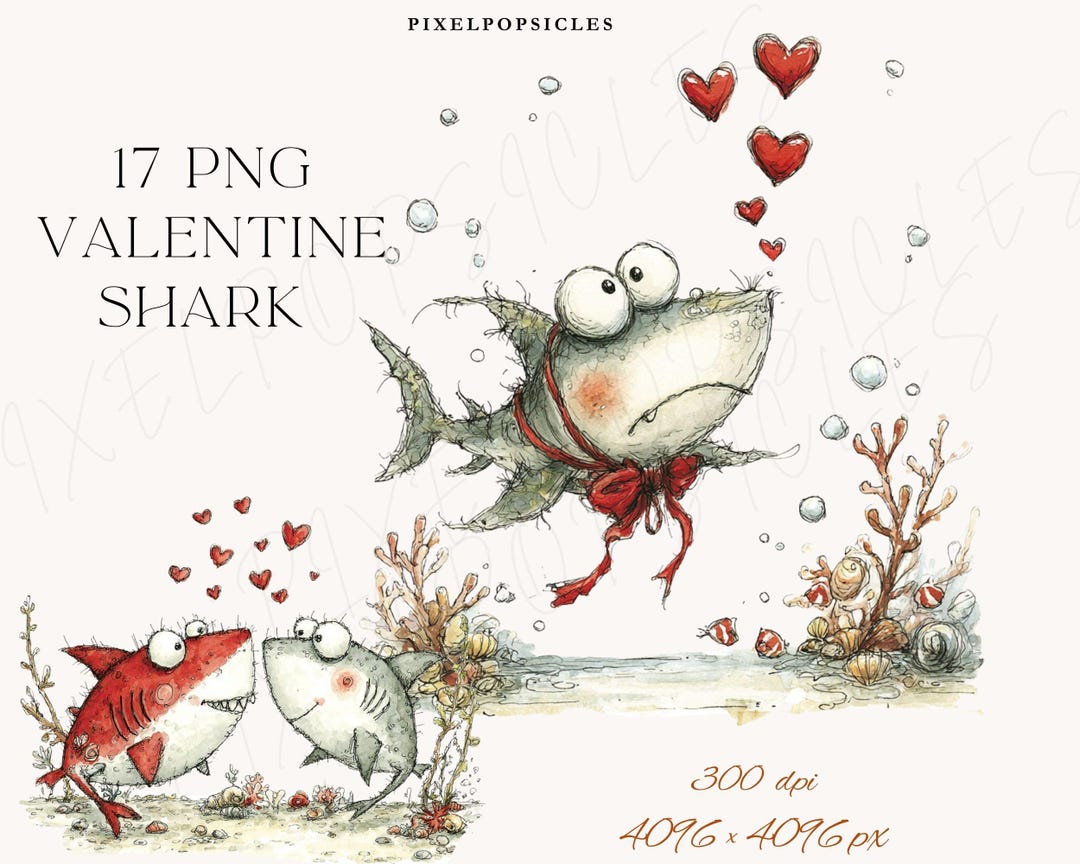Shark Valentine Watercolor Clipart PNG Digital Download Ocean Art Beach ...