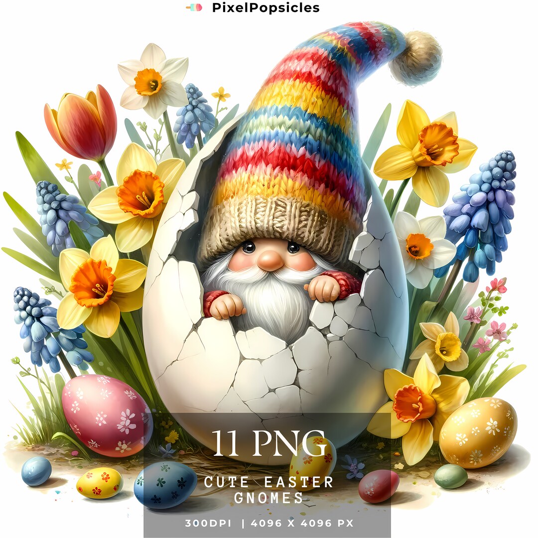 Easter Gnomes Watercolor Clipart: Spring Flowers, Eggs (PNG, Commercial ...