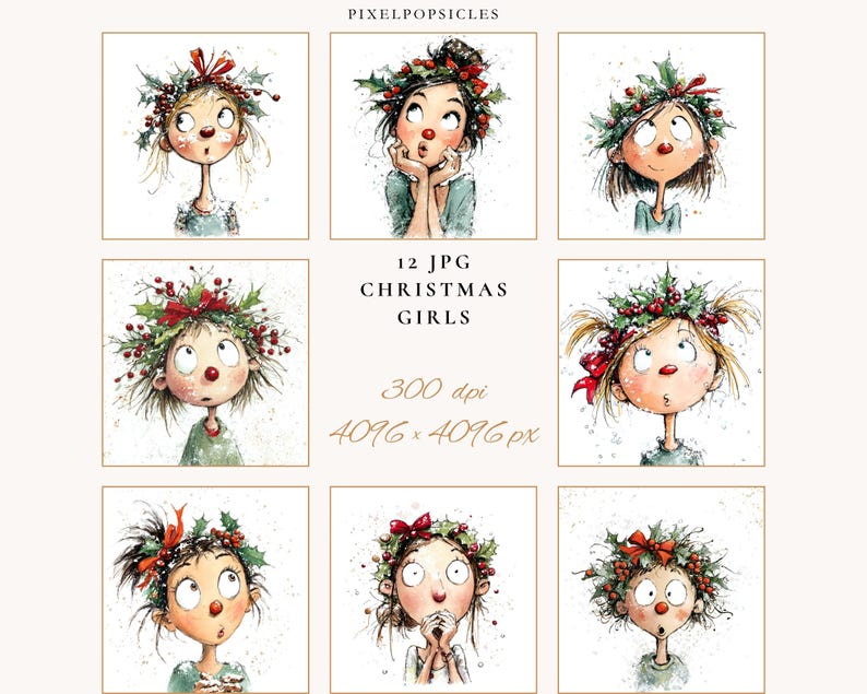 Christmas Girls Clipart | Holiday Watercolor Ornaments for Digital ...