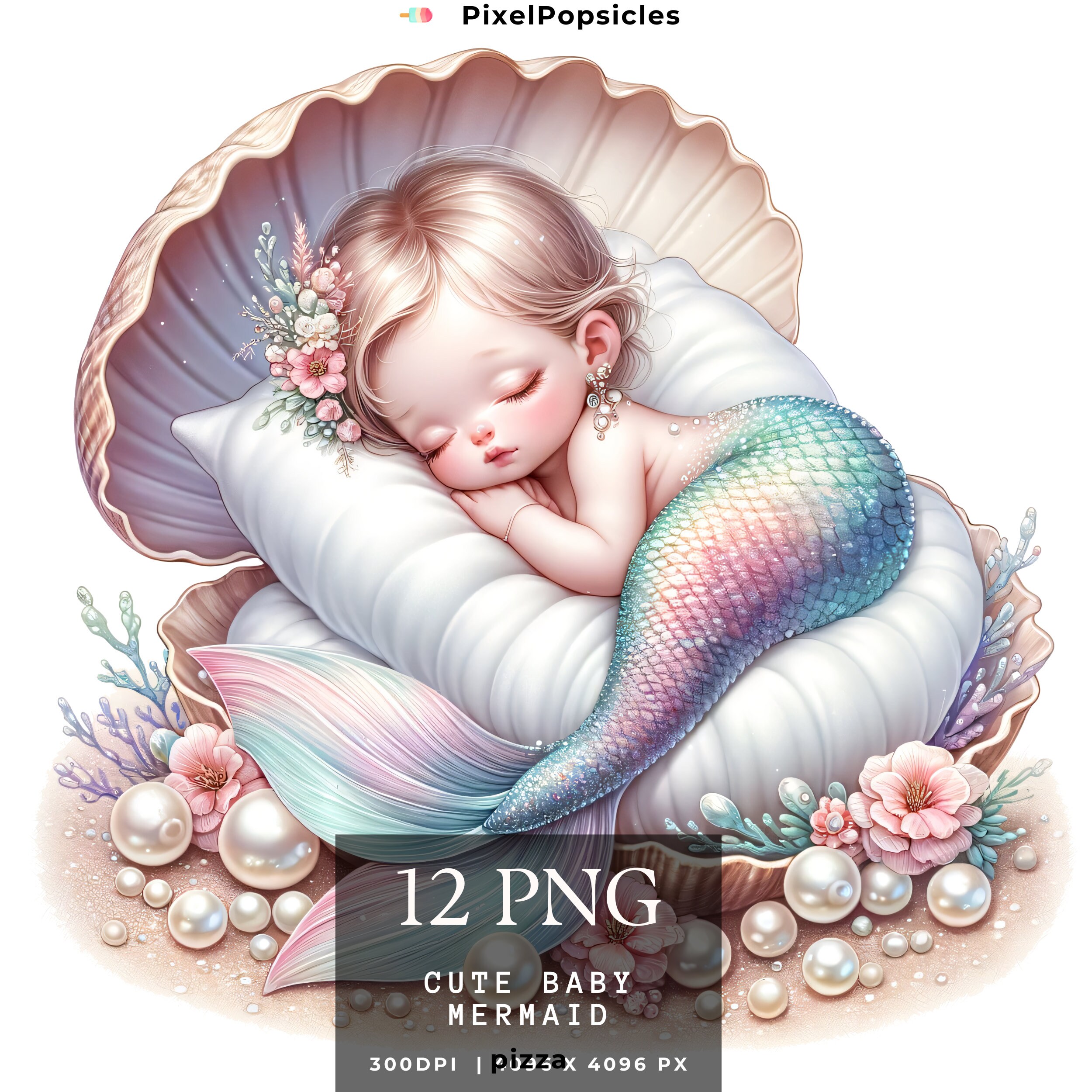 12 Baby Mermaid Clip Art, Newborn Clipart, PNG Watercolor Nursery Decor ...