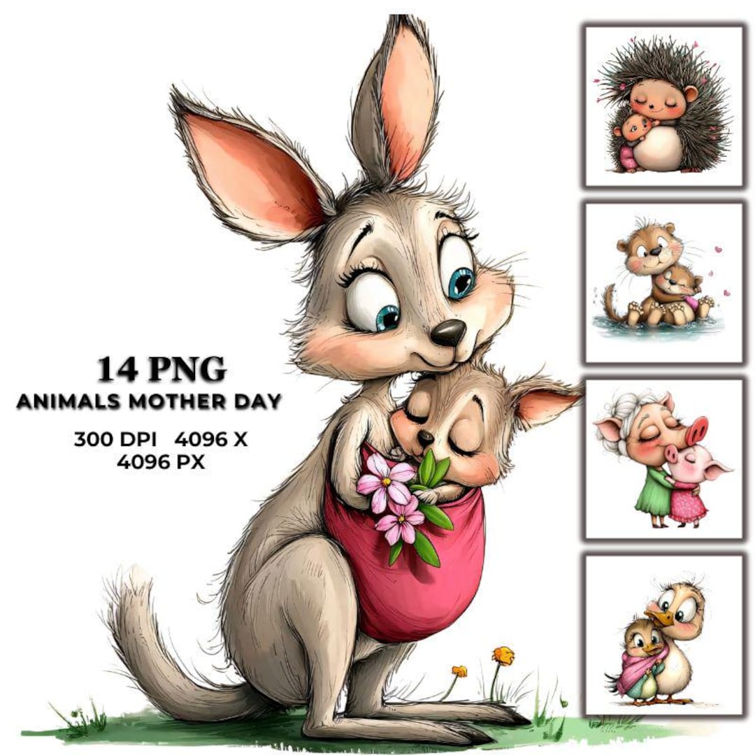 Watercolor Mom and Baby Animal Clipart: Mother's Day PNG Illustrations ...