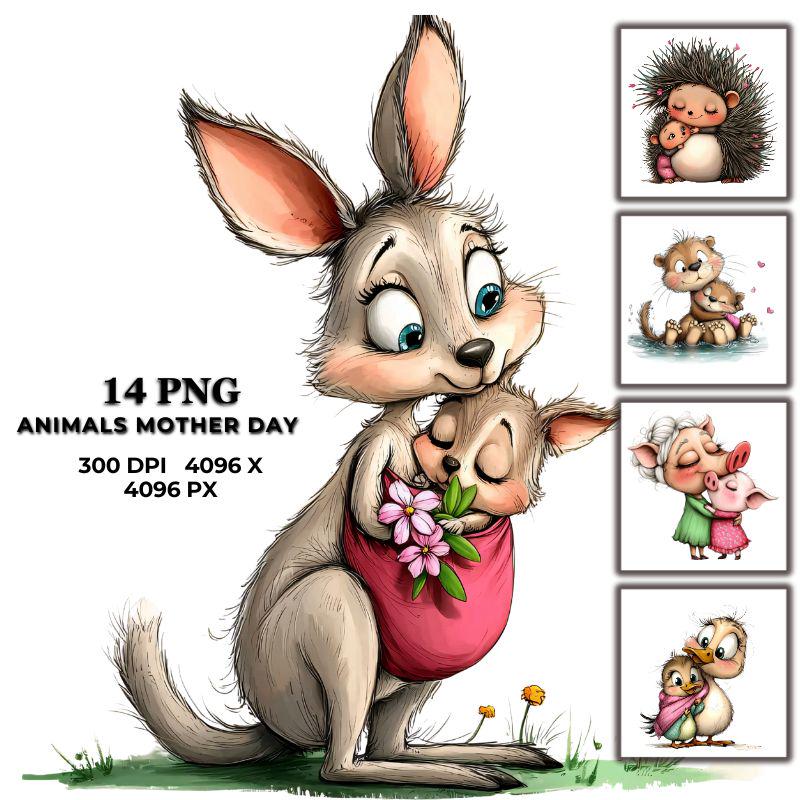 Watercolor Mom Baby Animal Clipart: Mother's Day PNG Illustrations ...