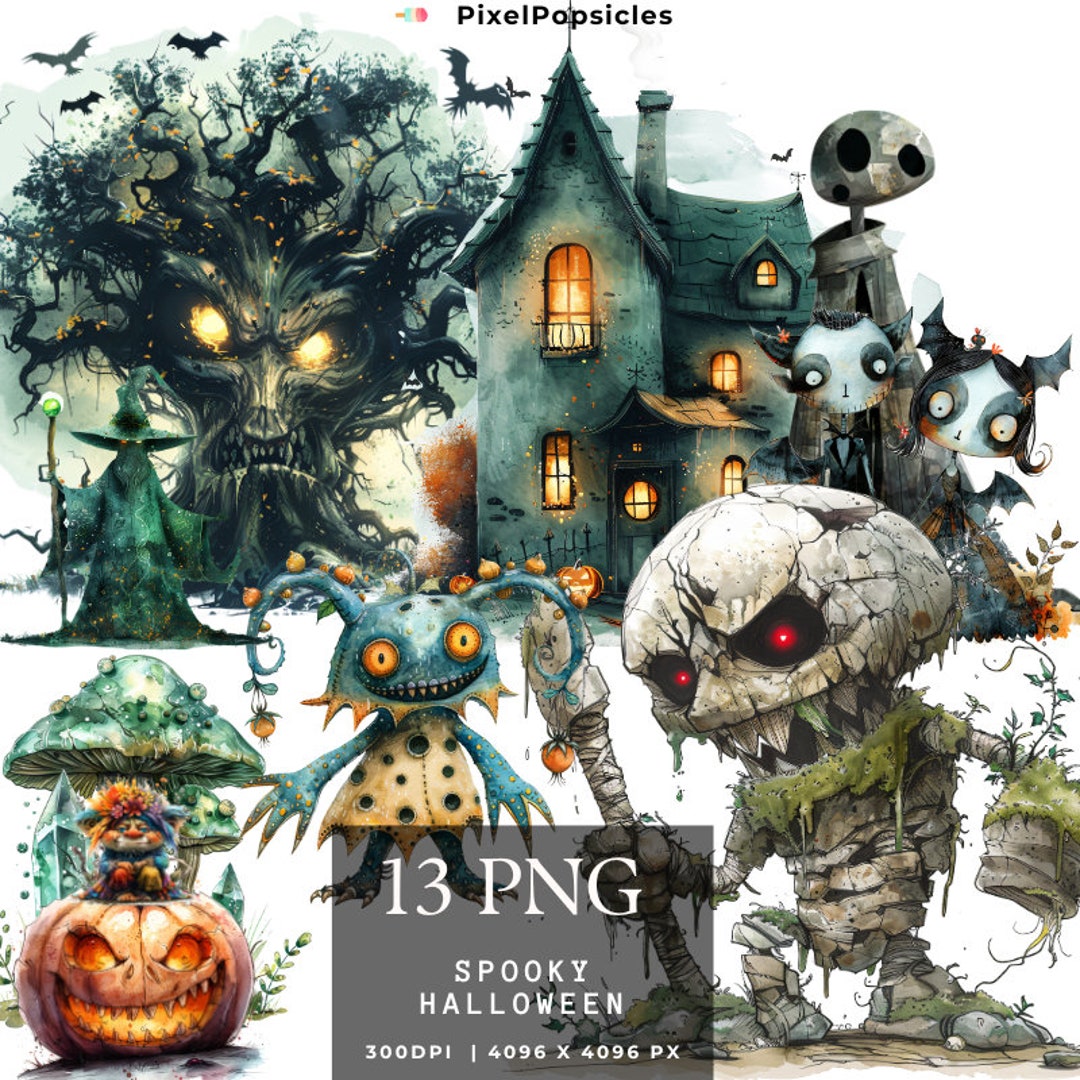 13 Whimsical Halloween Watercolour Clipart PNG Bundle Spooky Halloween ...