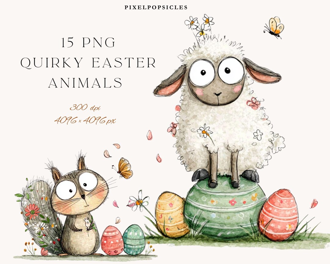 15 Quirky Easter Clipart: Watercolor Spring Animals Illustrations ...