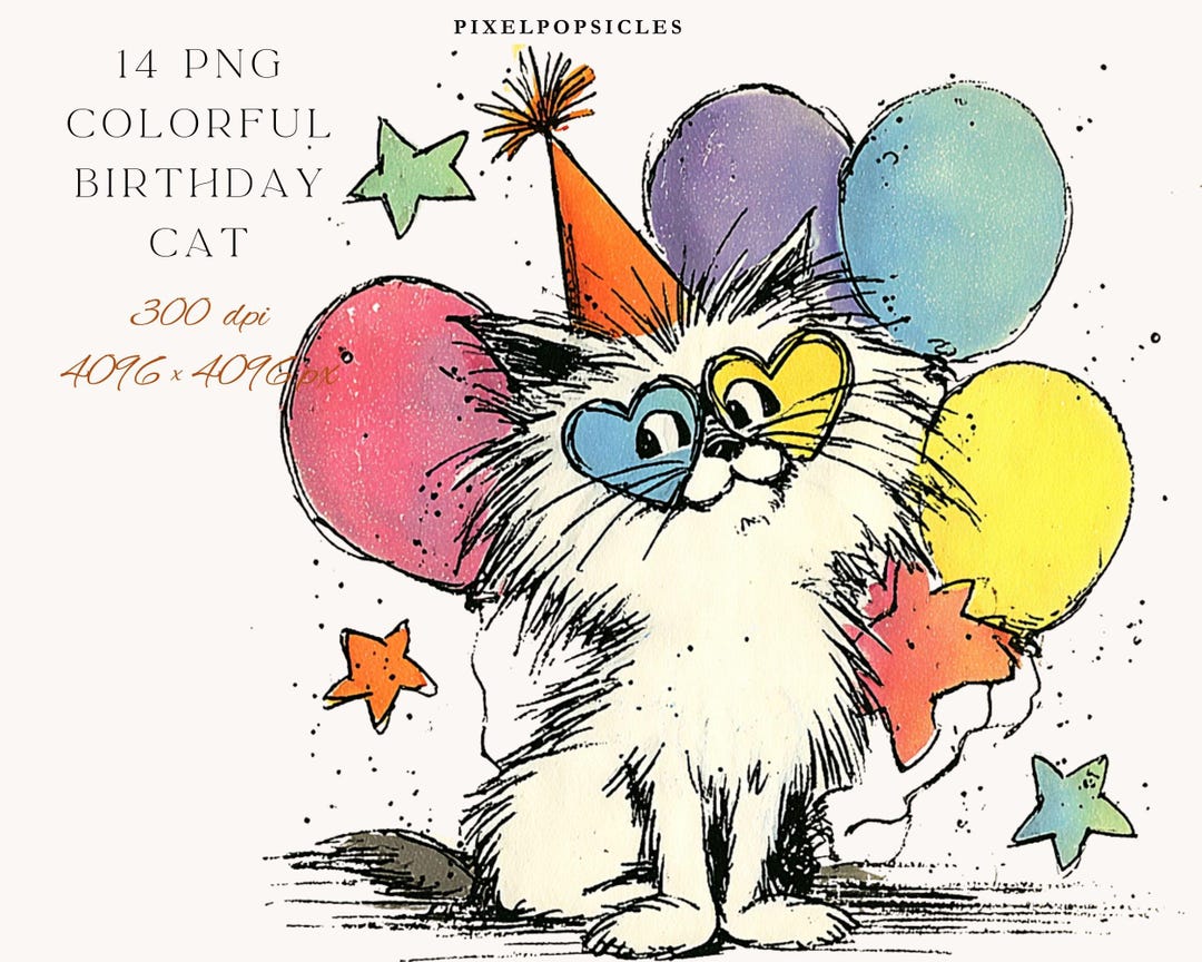 Birthday Cats Clipart Bundle: Watercolor Kitten Illustrations (instant ...