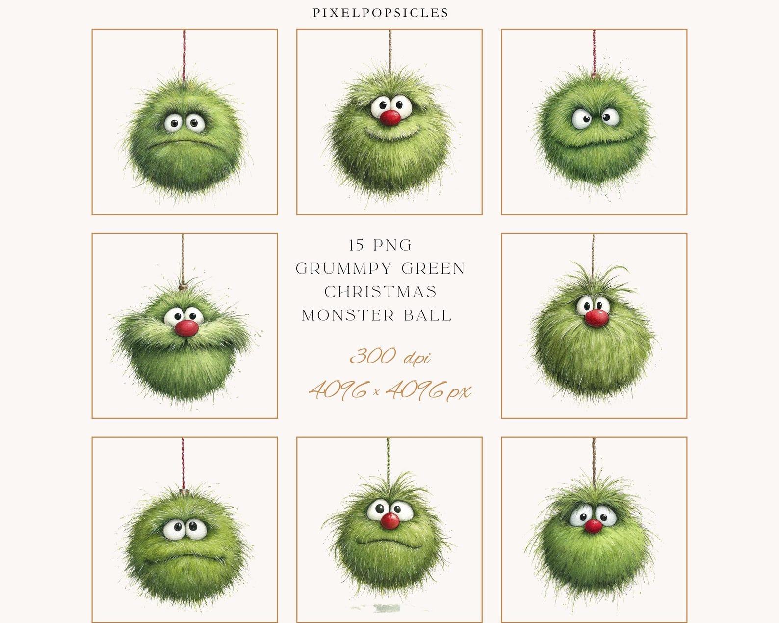 Grumpy Green Christmas Monster Ball Clipart: 15 PNG Ornaments (digital ...