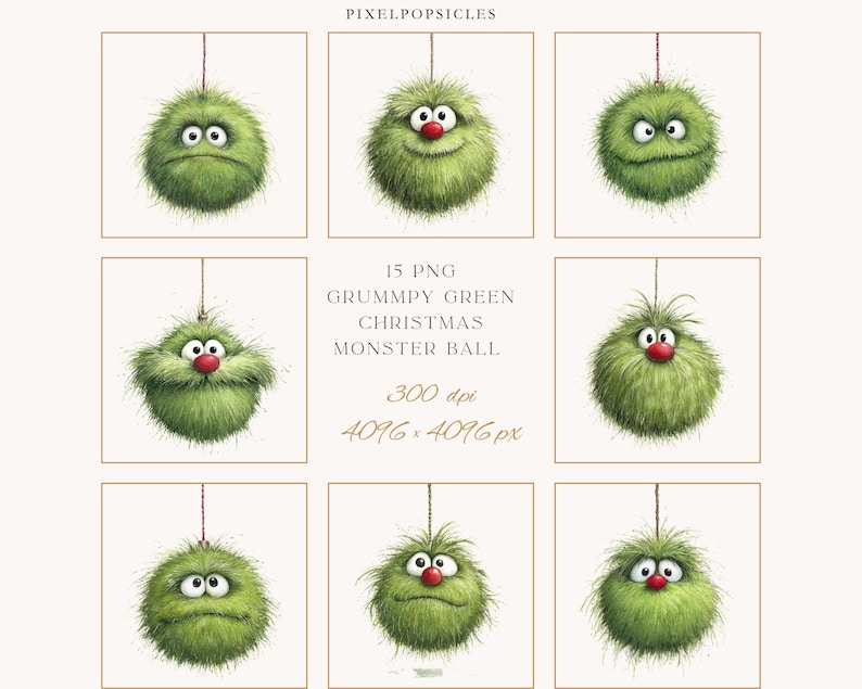 Grumpy Green Christmas Monster Ball Clipart: 15 PNG Ornaments (digital ...