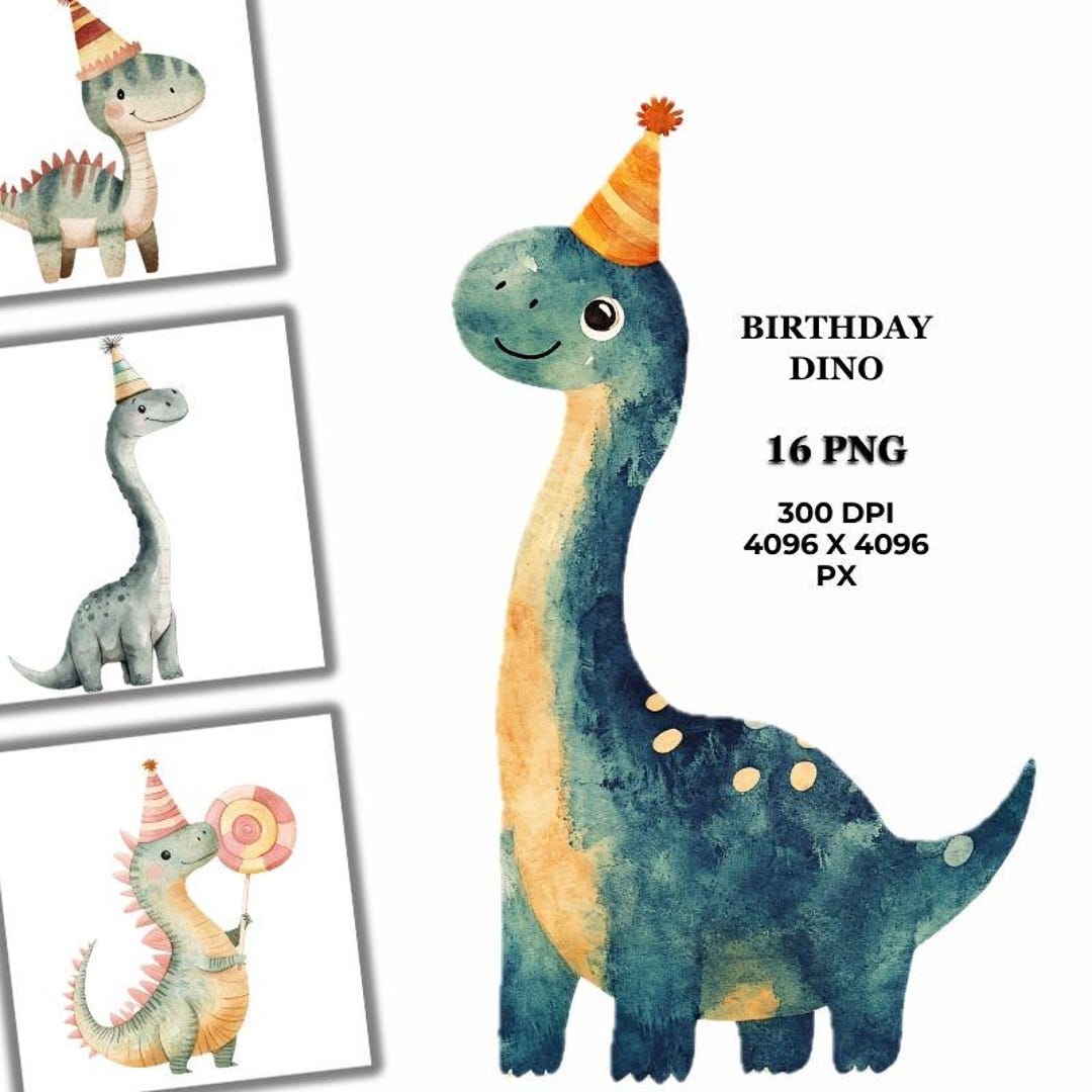 Dino Birthday PNG | Cute Dinosaur Party Clipart | Watercolor T-rex ...