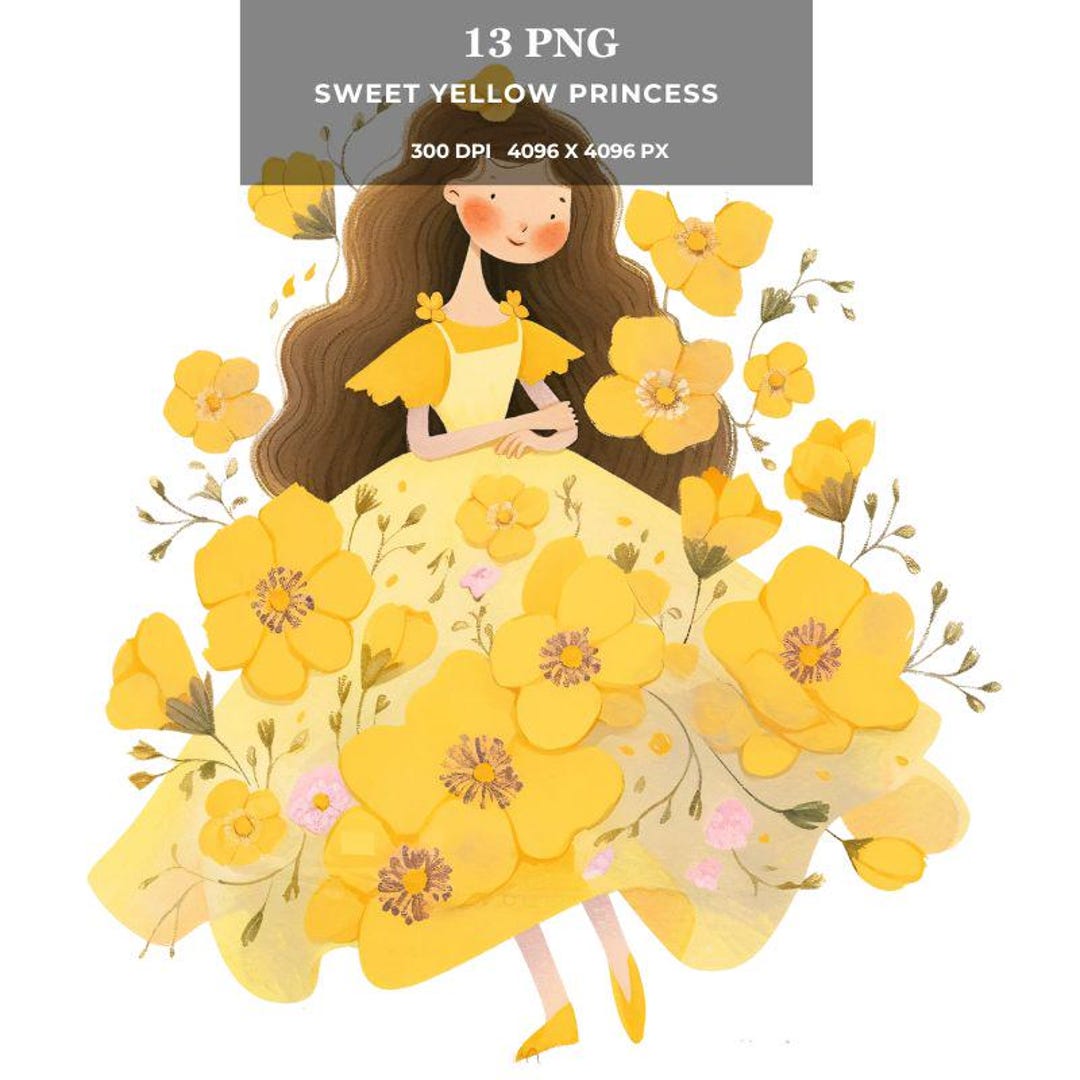 Yellow Princess Clipart: Floral Fairytale PNG, Whimsical Art (digital ...