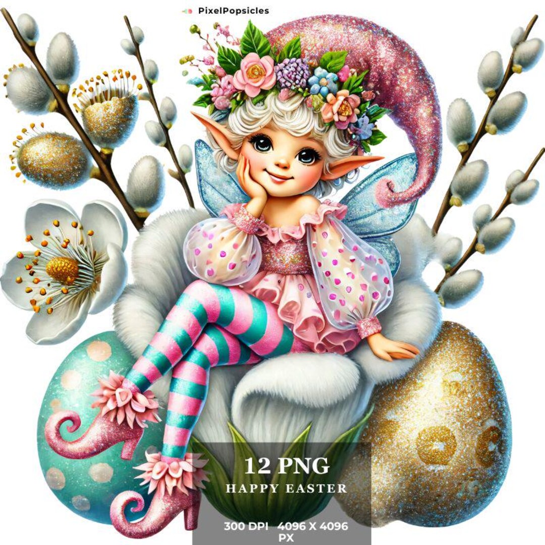 Easter Elves Watercolor Clipart: Spring Flowers, Eggs PNG (commercial ...