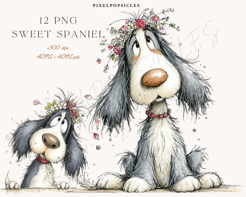 Whimsical Sweet Spaniel Clipart – Floral Watercolor Dog Pngs for Spring ...