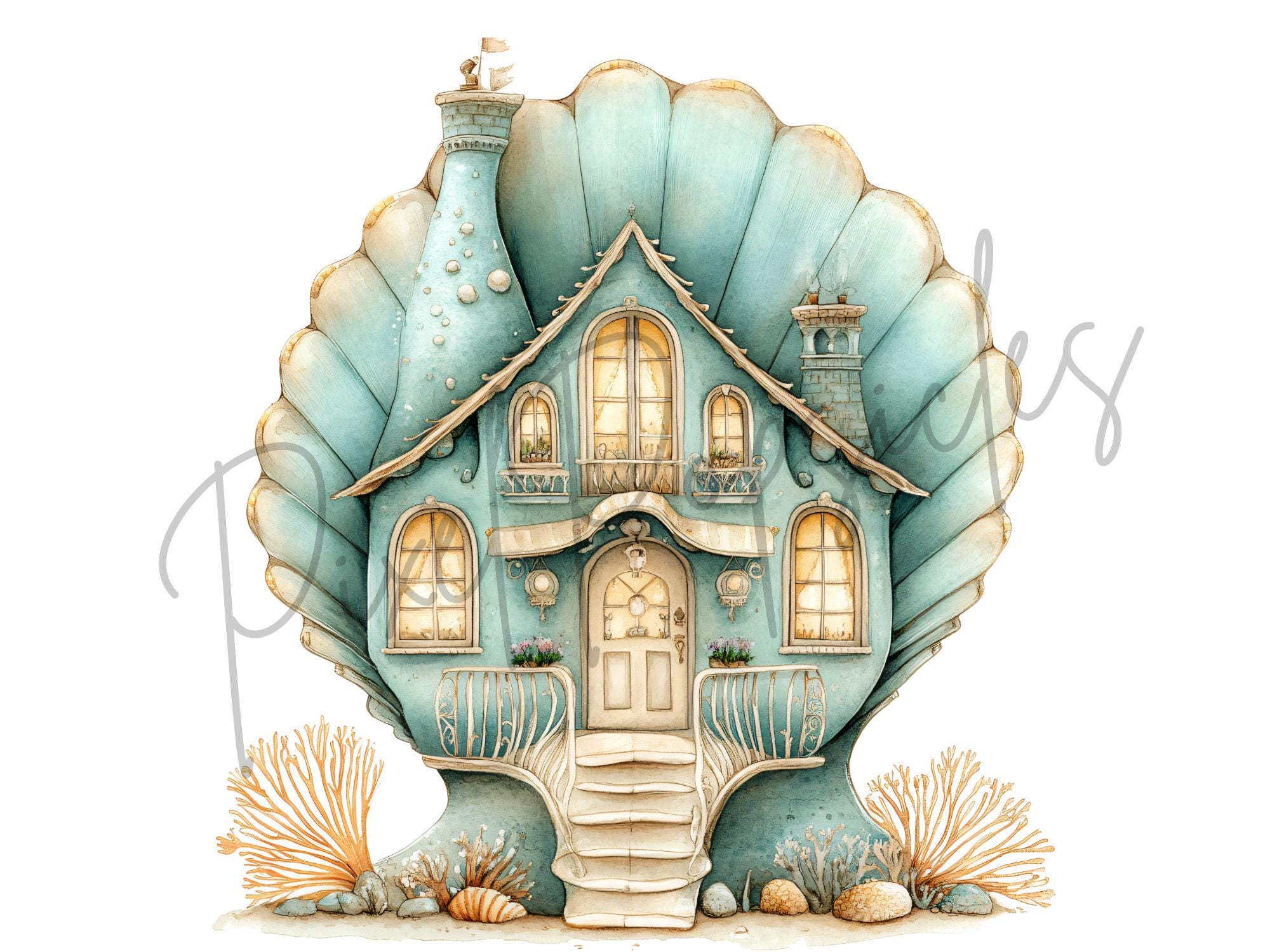 Whimsical Clam Shell House Clipart: Fantasy Ocean Cottage PNG (digital ...