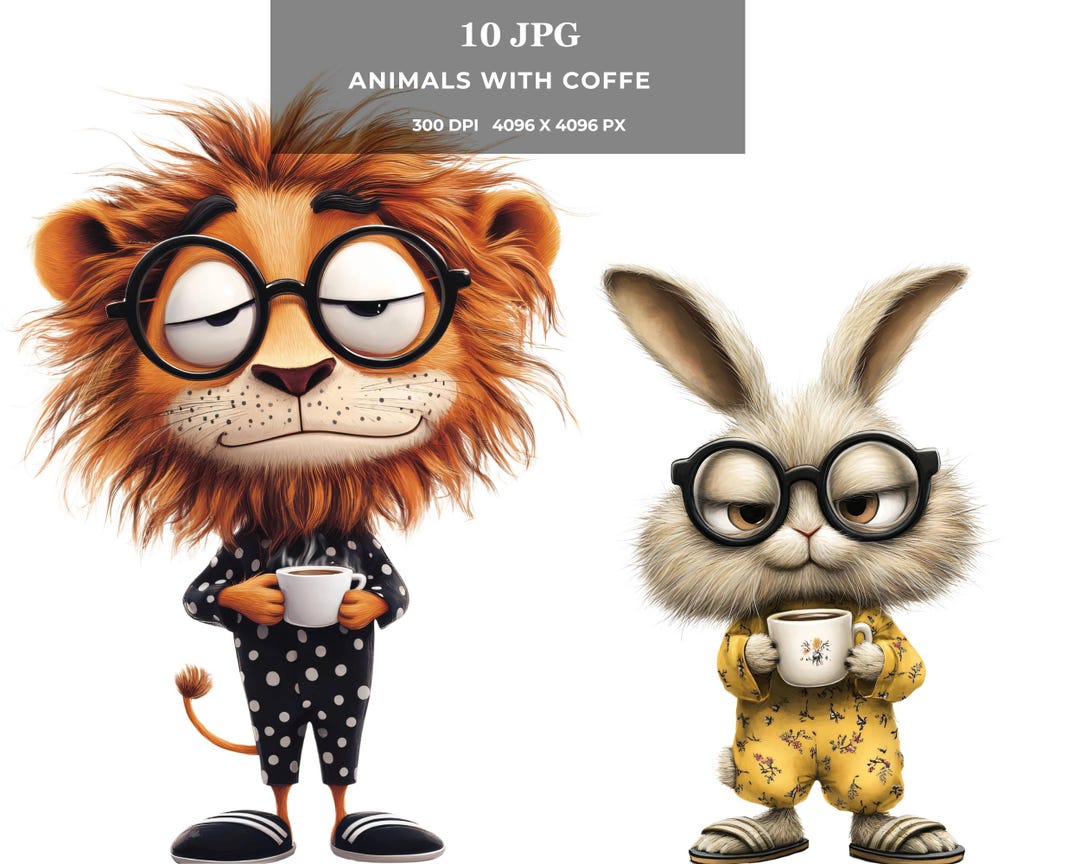 Morning Animals Coffee Clipart – Cute Cozy Animal Jpg Bundle, Whimsical ...