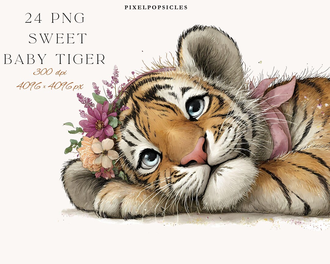 Watercolor Baby Tiger Clipart: Floral Ribbon PNG (digital Download) - Etsy