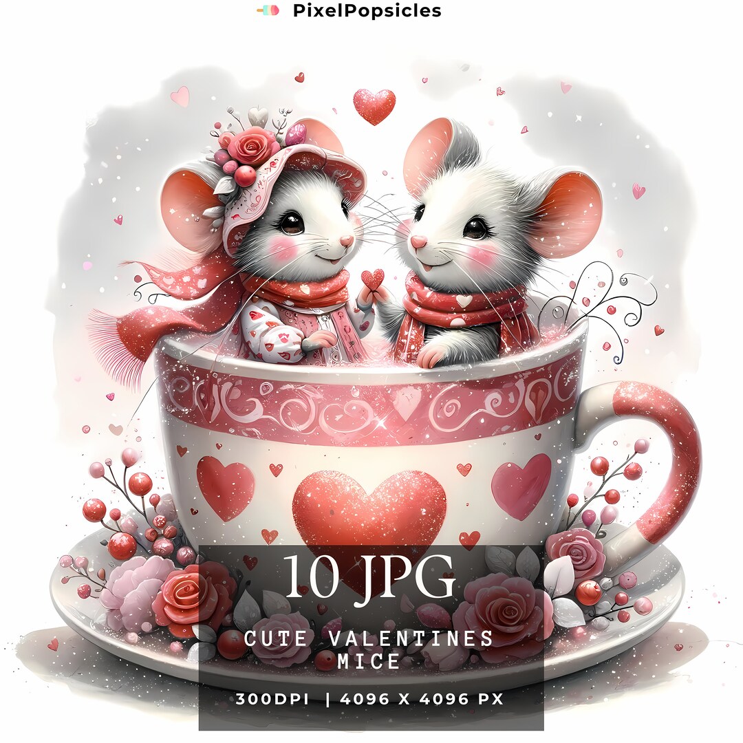 10 Watercolor Cute Valentines Mice Collection Clipart, Jpg Valentines ...