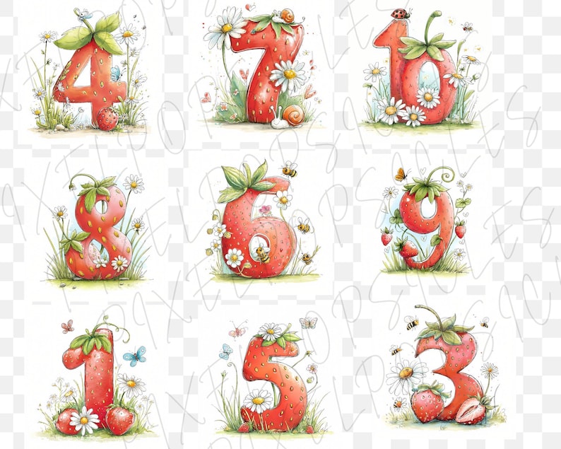 Watercolor Strawberries Number Clipart: Birthday Png Set (digital) 1 ...