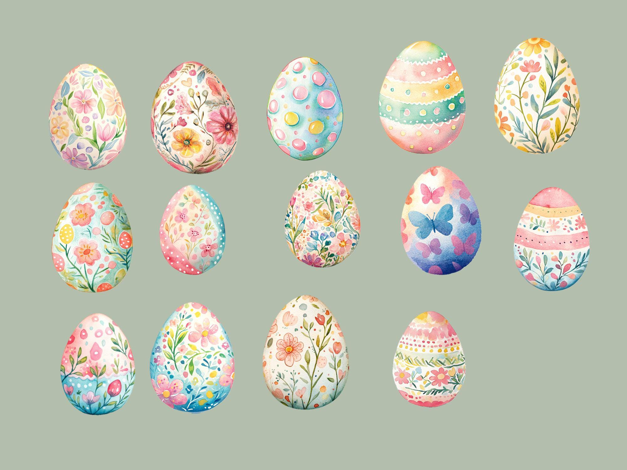 Watercolor Easter Eggs Clipart: Spring Floral PNG Bundle (commercial ...
