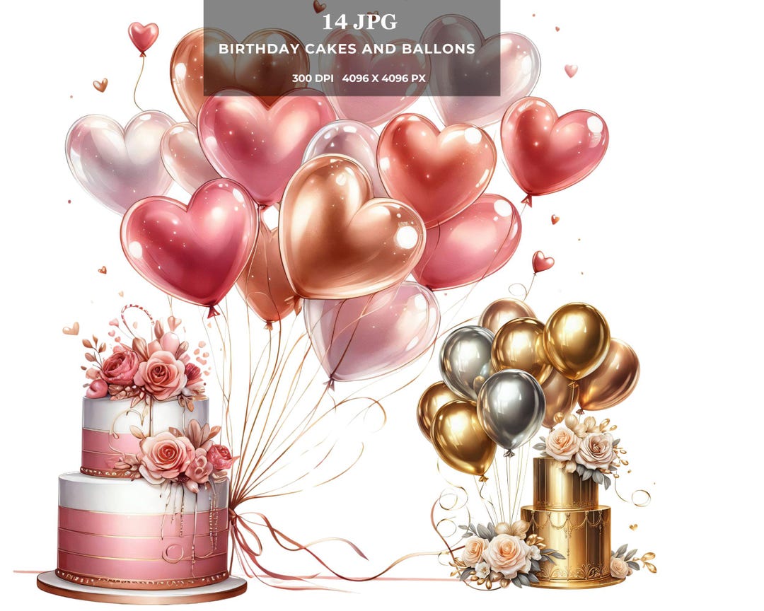 Birthday Cakes and Balloons Clipart – Cute Party Jpg Bundle, Whimsical ...