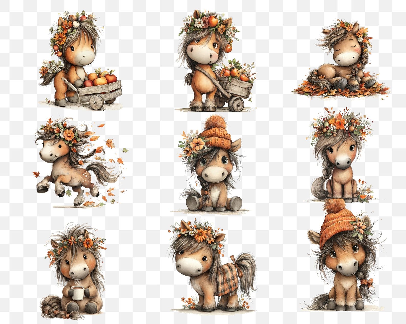 Fall Pony Clipart: Floral Horse Pngs for Nursery Decor (digital ...