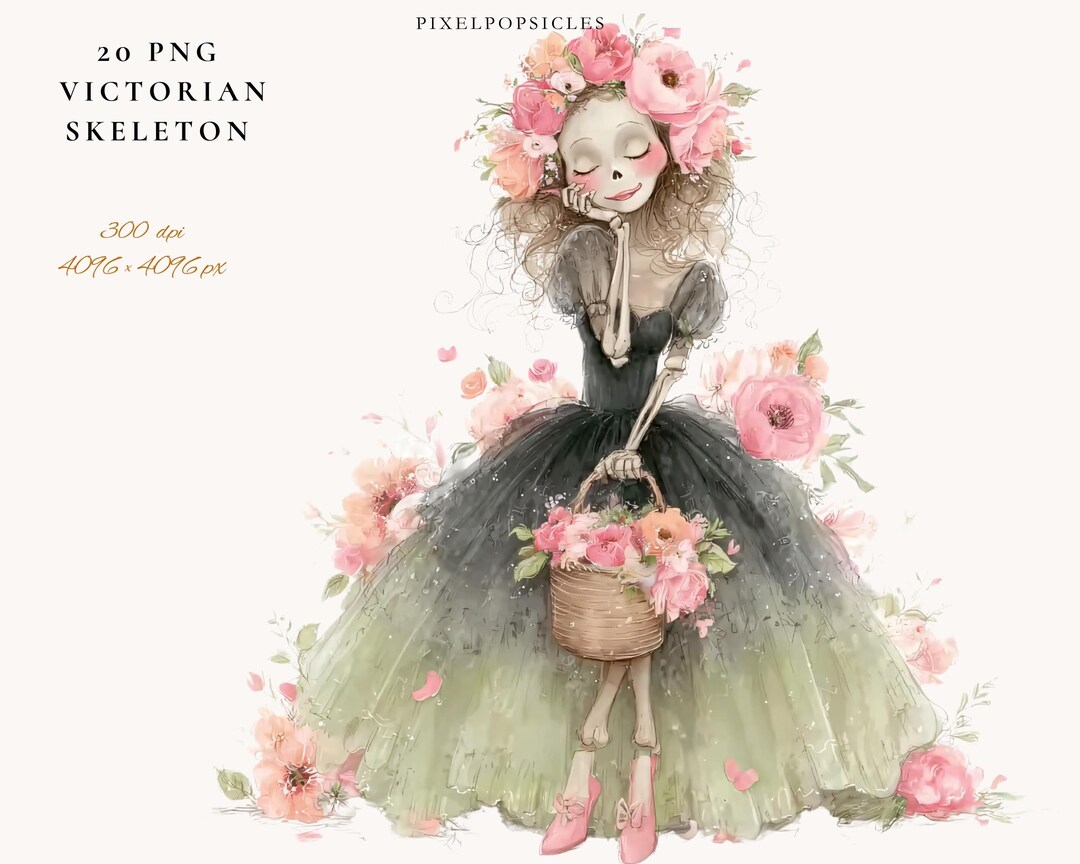 Gothic Floral Skeleton Princess PNG Clipart: Victorian Illustration ...