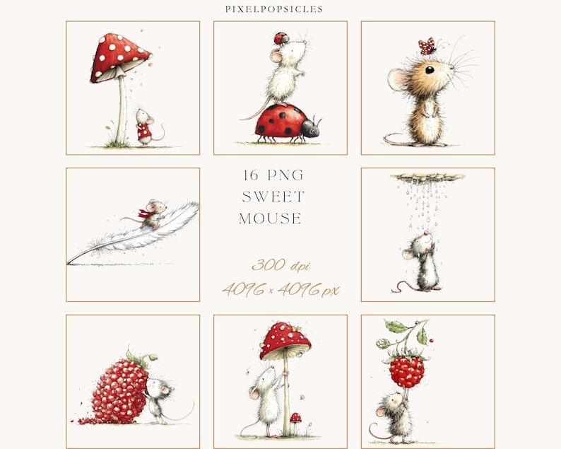 Whimsical Mouse Clipart: 16 Animal PNG Illustrations for Nursery, Kids ...