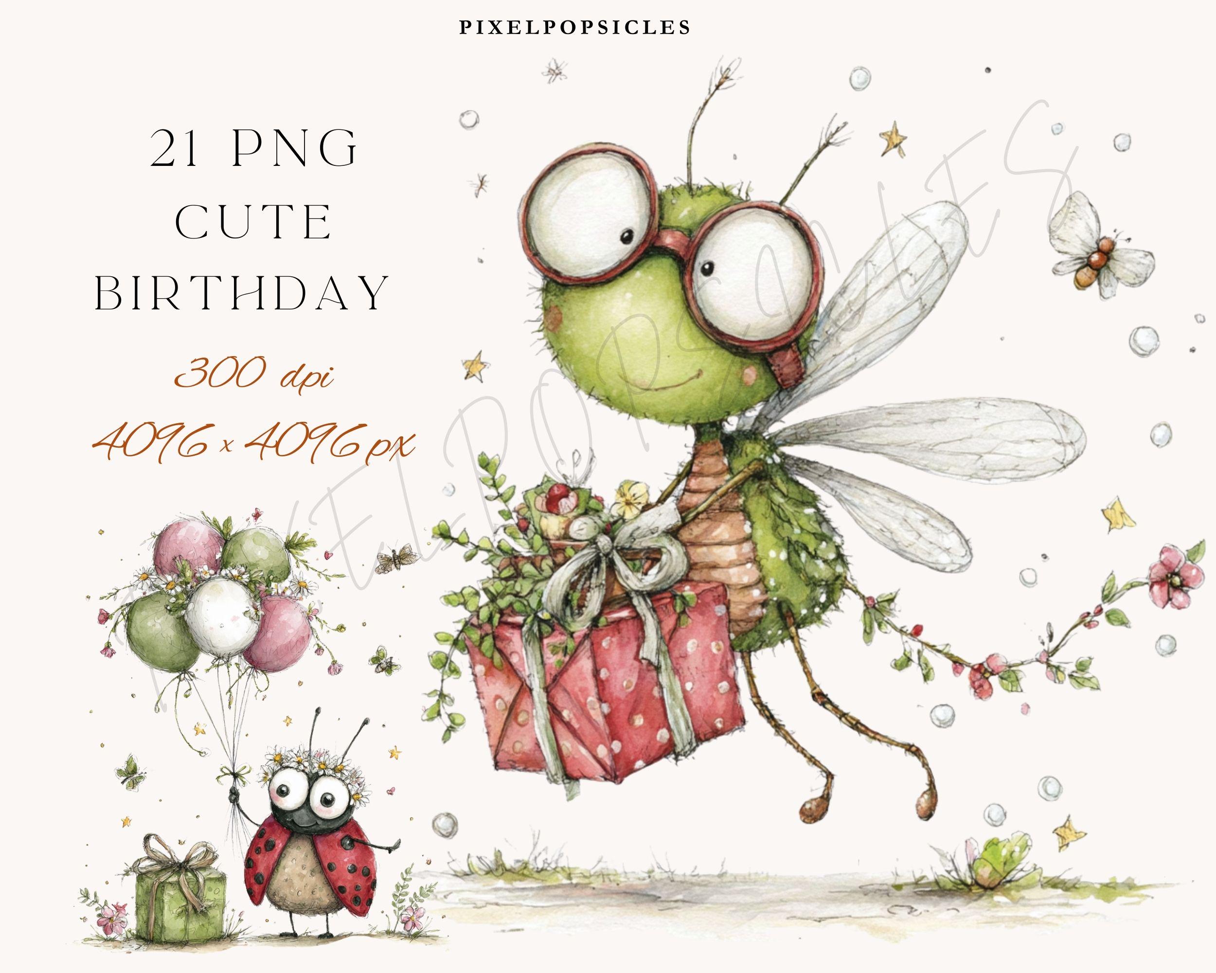 Birthday Bugs Watercolor Clipart | Cute Insects PNG Digital Download ...