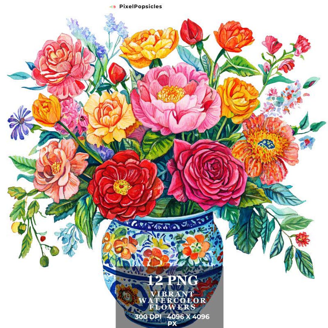 12 Vibrant Watercolor Flowers Clipart - Bold Floral Digital Art, High ...