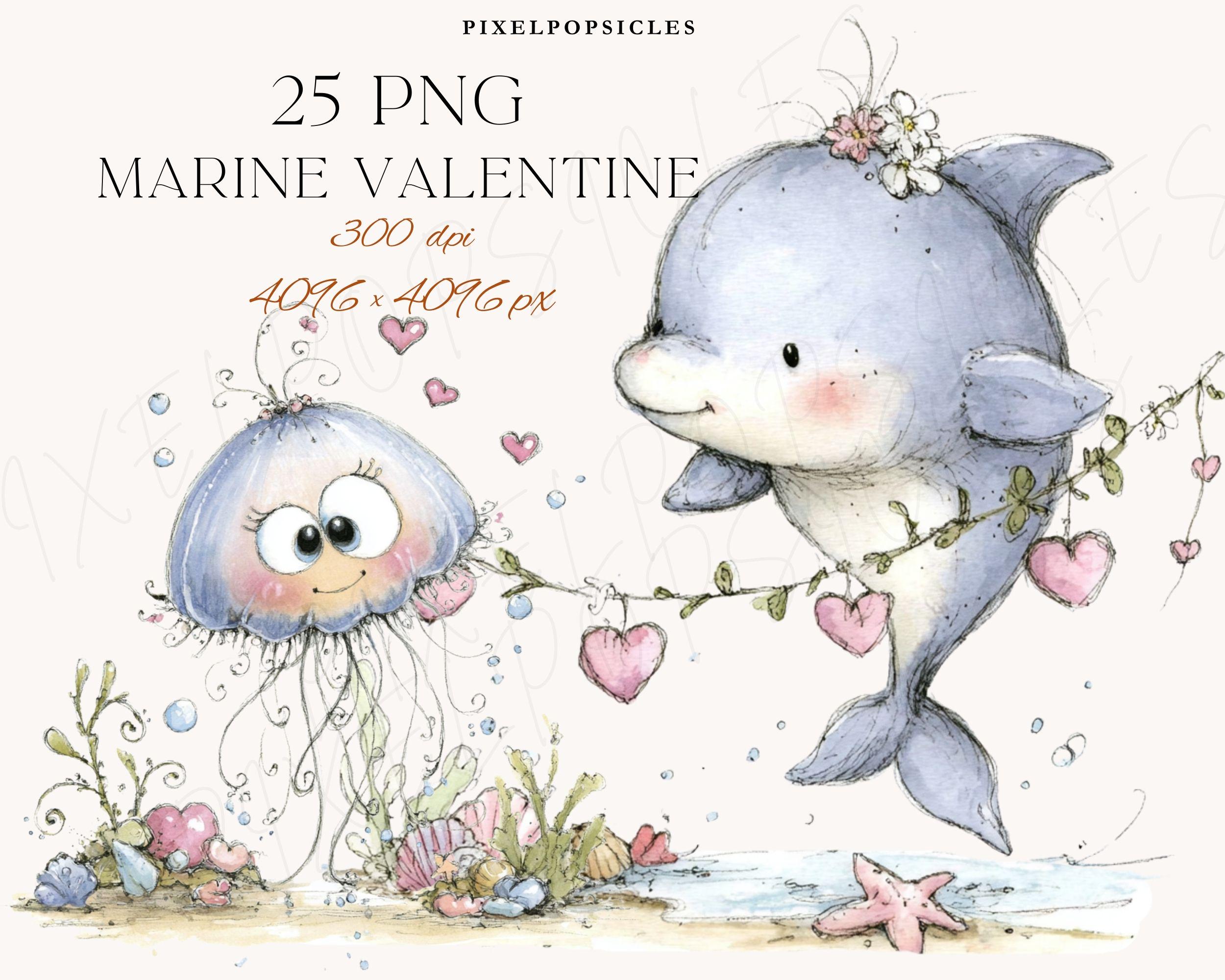 Marine Valentine Watercolor Clipart: Valentine Art (PNG Digital ...