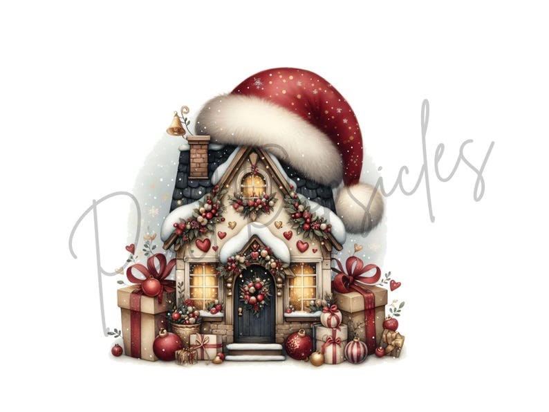 Watercolor Christmas House Clipart: Holiday PNG Images (digital ...