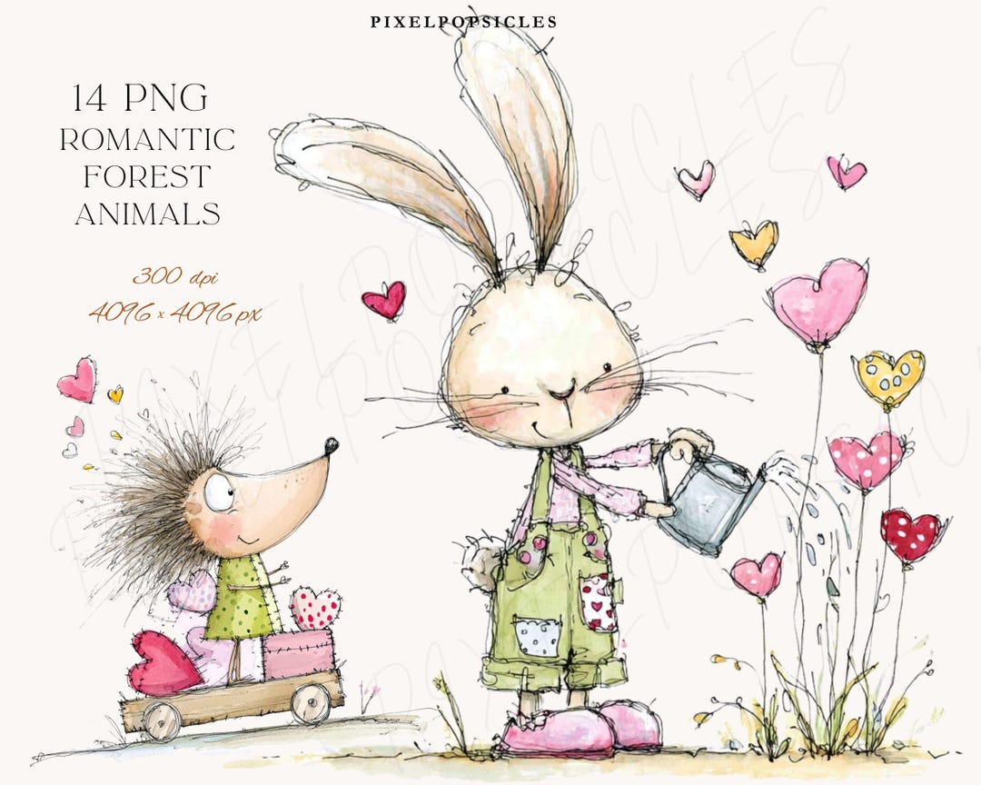 Watercolor Woodland Animals With Hearts Clipart PNG, Romantic Forest ...