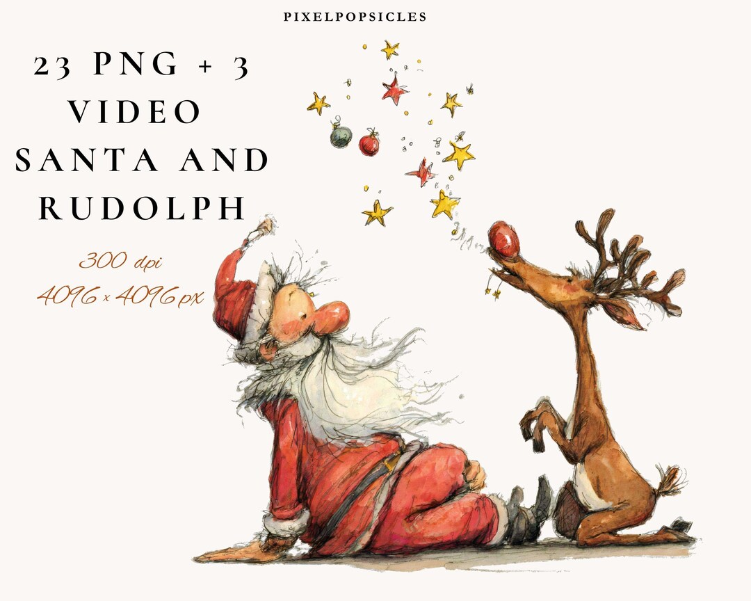 Santa & Reindeer Clipart Set: Festive Holiday Graphics (PNG, JPG, MP4 ...