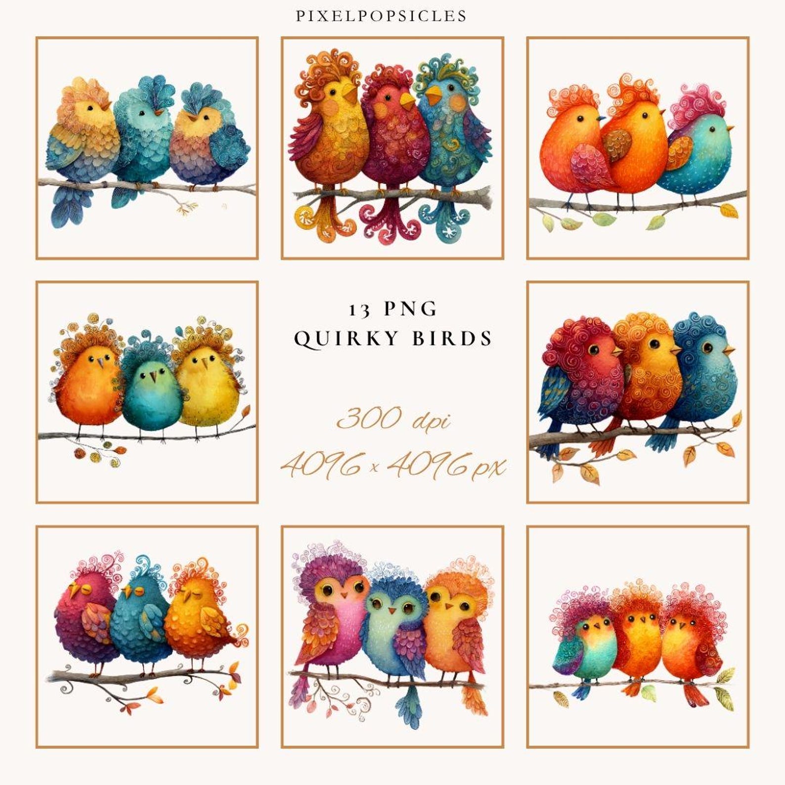 Whimsical Bird Clipart Bundle: High-res Pngs for DIY Crafts (digital ...