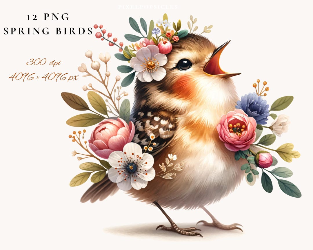 Spring Birds PNG Clipart, Floral Bird Art, Watercolor Illustration, 300 ...