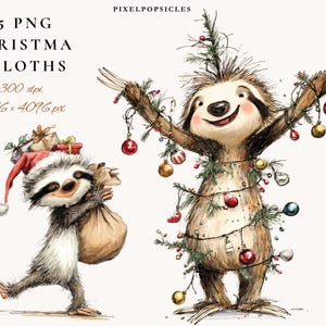 Whimsical Christmas Sloths Watercolor Clipart: High-res PNG Digital ...