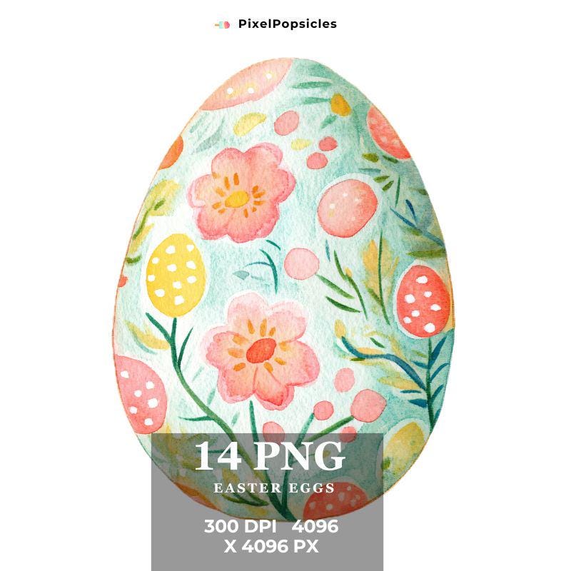 Watercolor Easter Eggs Clipart: Spring Floral PNG Bundle (commercial ...