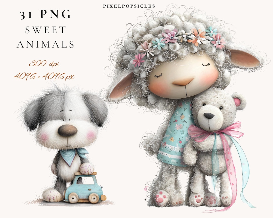 Watercolor Nursery Animals Clipart: Baby Bear, Bunny, Duck, Sheep (PNG ...