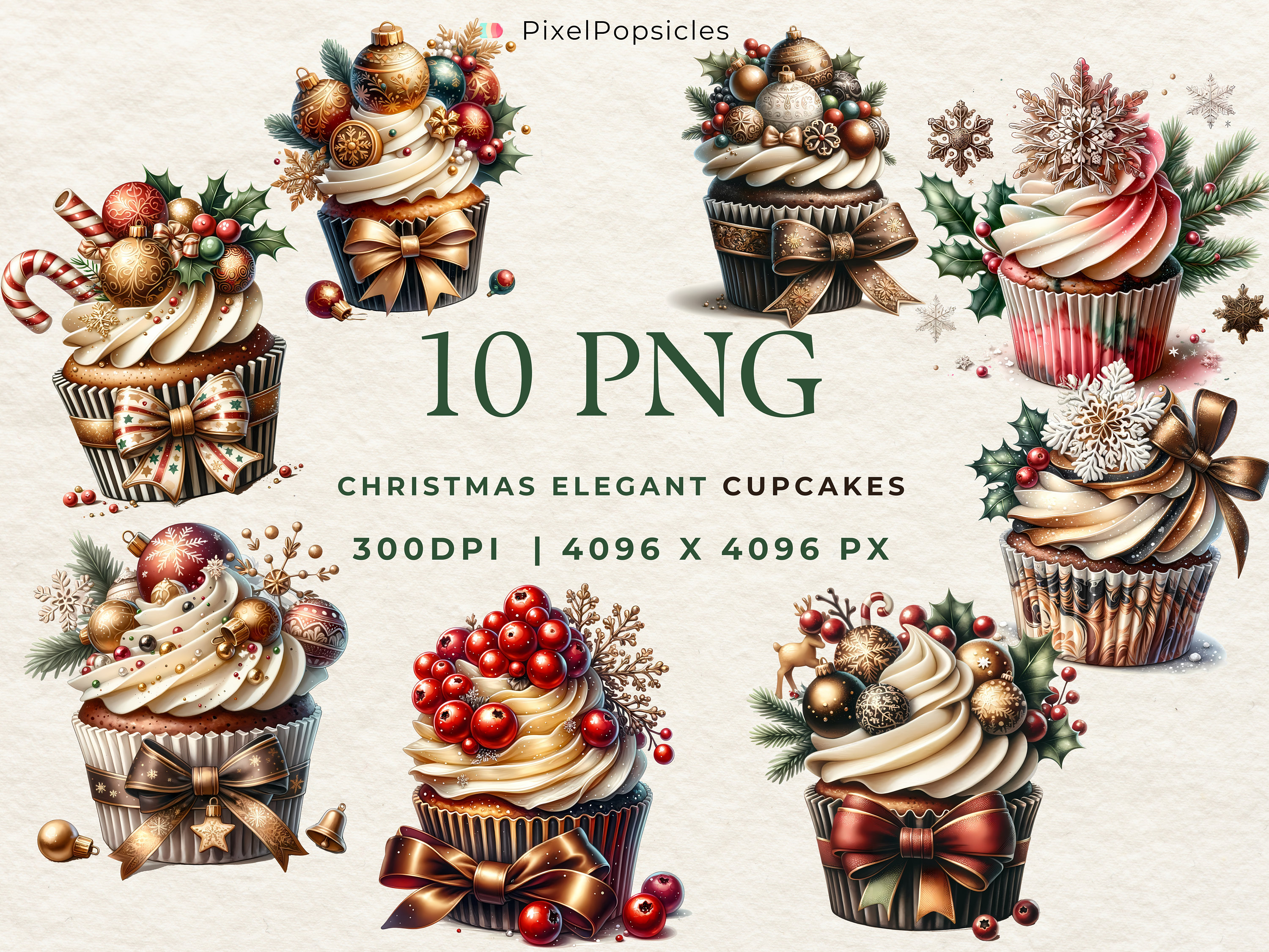 Christmas Cupcakes Clipart 10 PNG Bundle, Elegant Treats Transparent ...