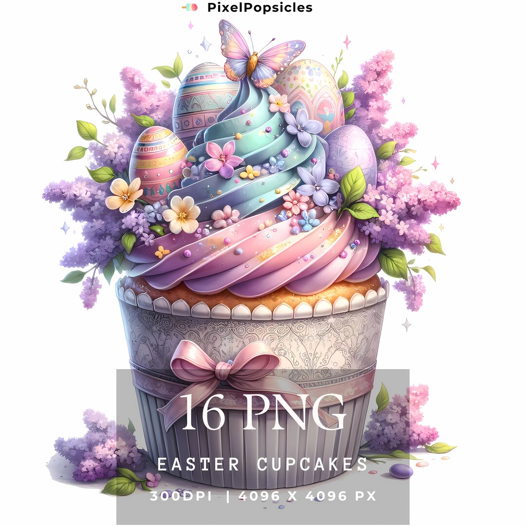 16 Glittering Easter Cupcake Clipart Png , Watercolor Cupcake Set ...