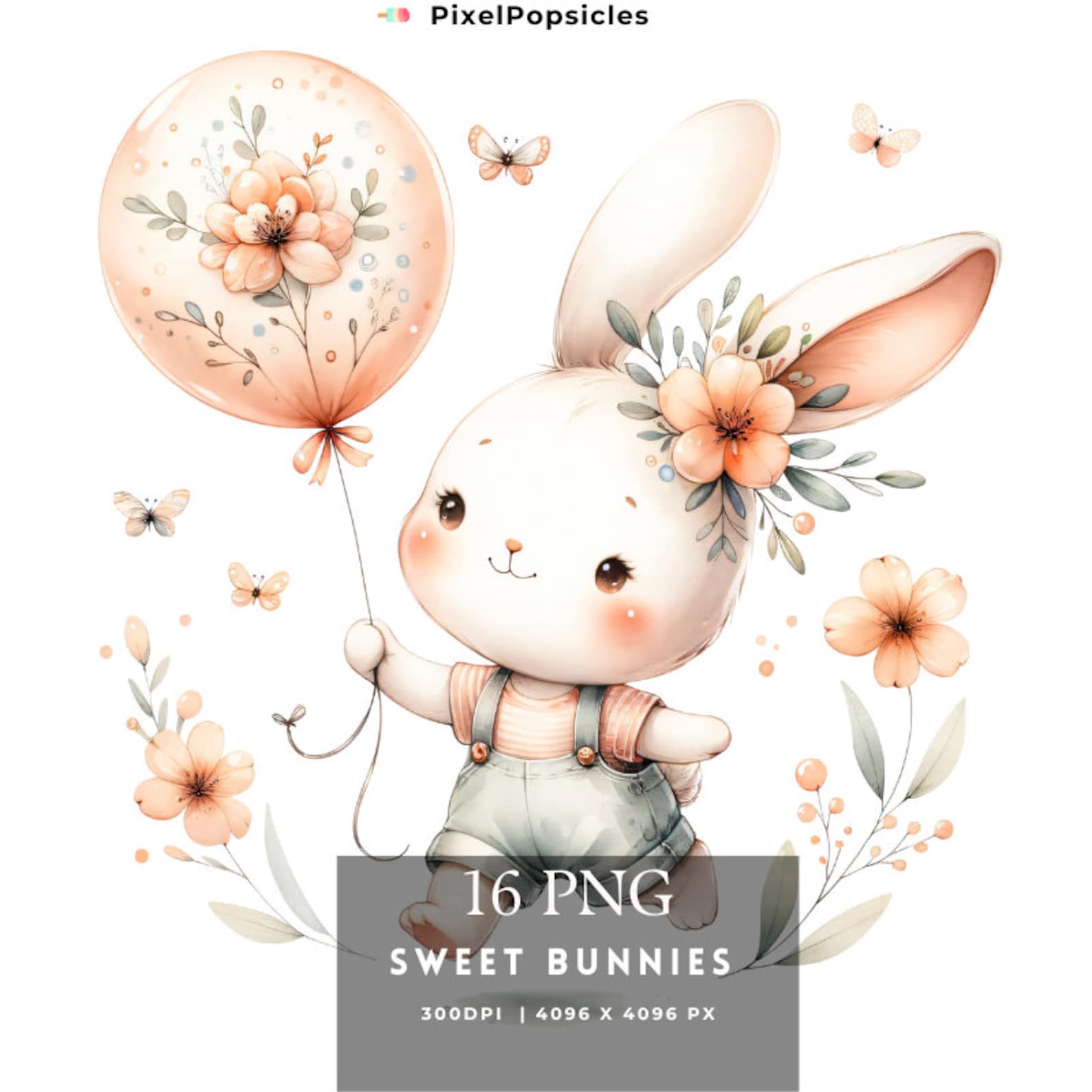 16 Sweet Bunnies Flying on Balloons Png Easter Bunny Spring Floral ...