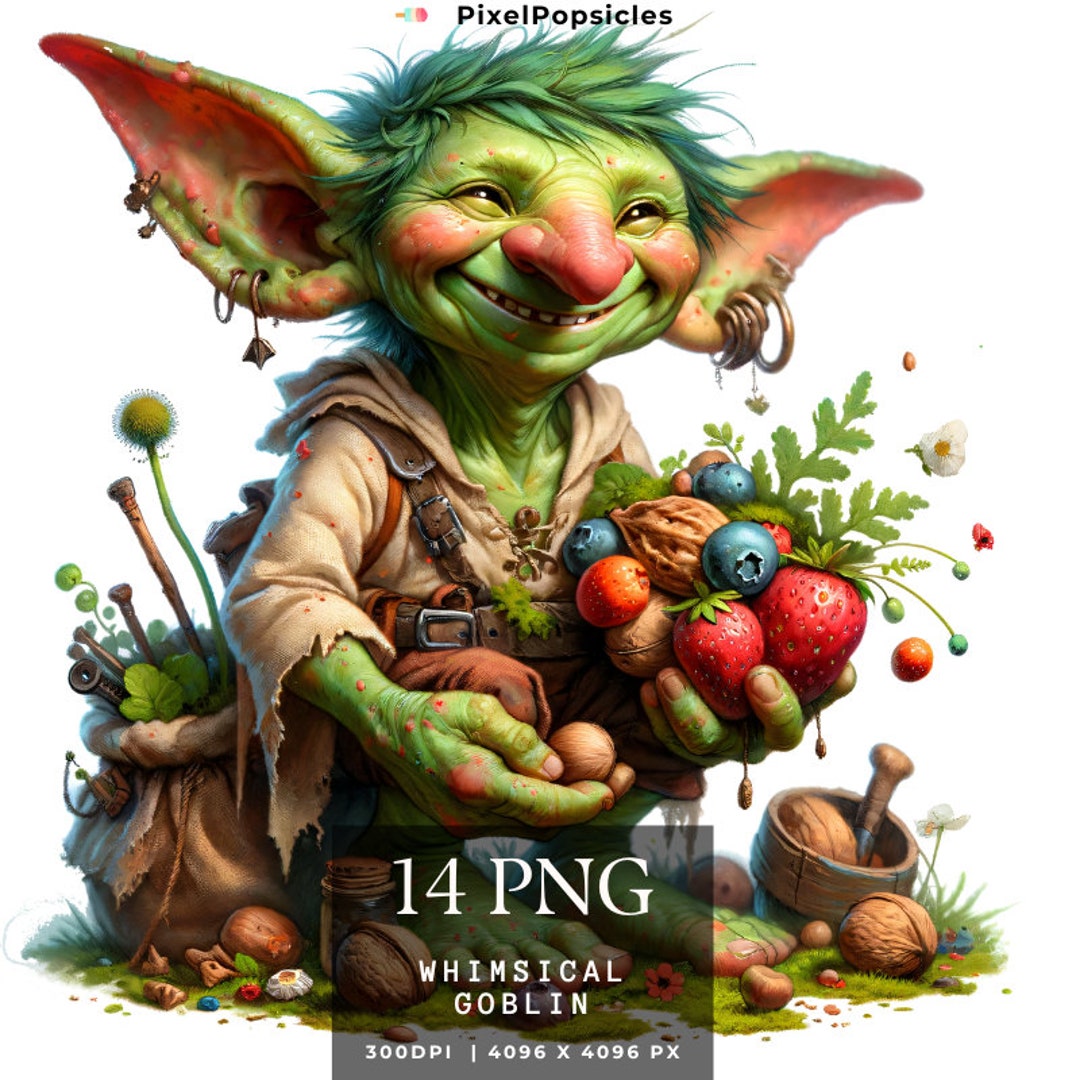 Watercolor Whimsical Goblin Clipart Bundle, 14 PNG Fantasy Floral ...