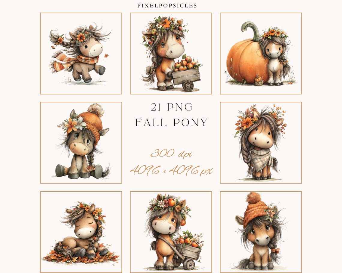 Fall Pony Clipart: Floral Horse Pngs for Nursery Decor (digital ...