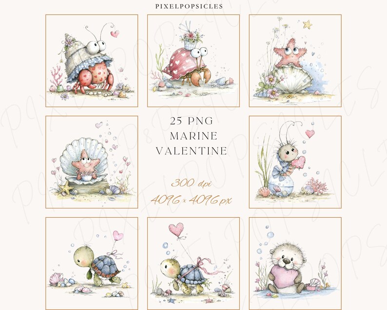 Marine Valentine Watercolor Clipart: Valentine Art (PNG Digital ...