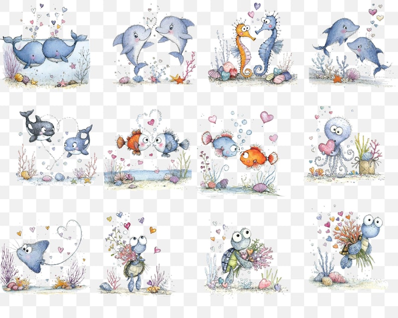 17 Marine Valentine Watercolor Clipart: Valentine Art (PNG Digital ...