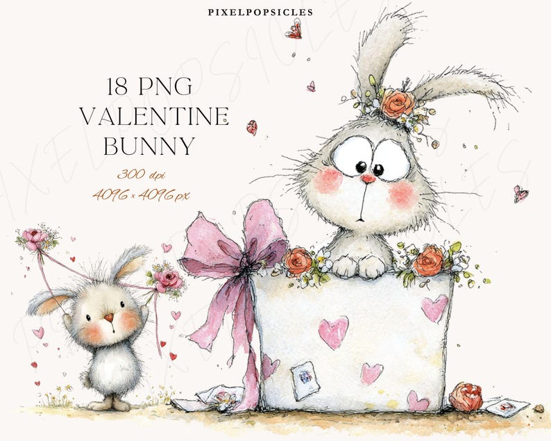 Watercolor Valnetine Bunny Clipart Set: Valentine's Day Graphics ...