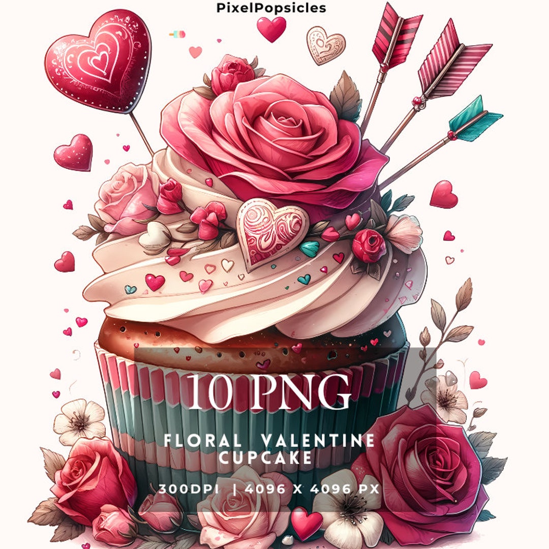 Floral Valentine Cupcakes Clipart 10 PNG Bundle, Elegant Treats ...