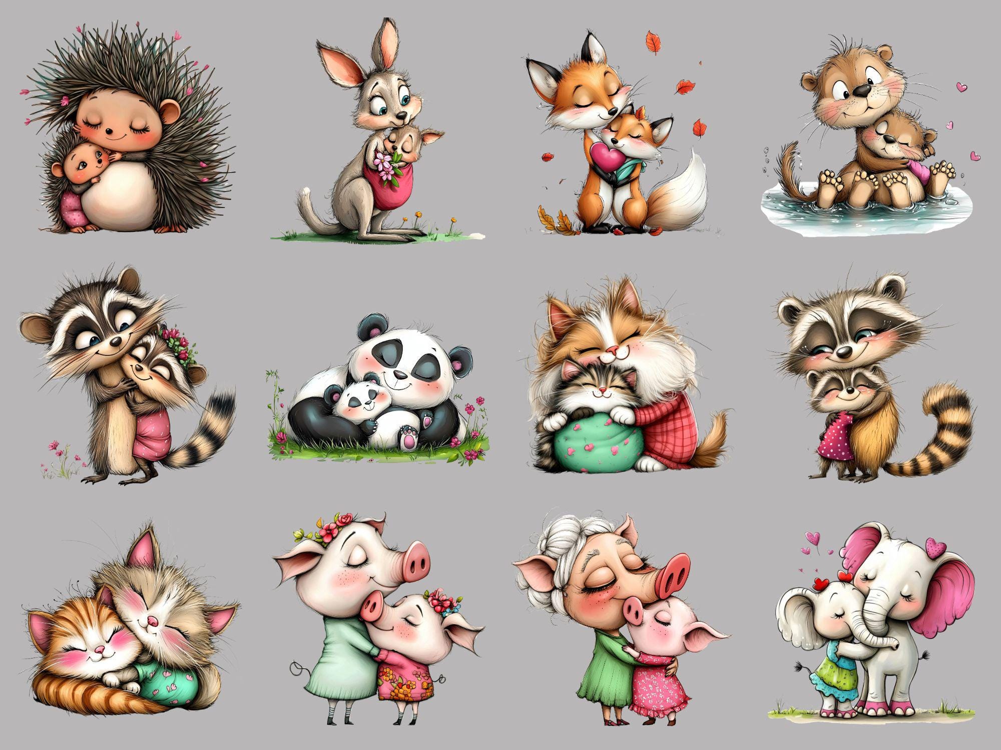 Watercolor Mom Baby Animal Clipart: Mother's Day PNG Illustrations ...