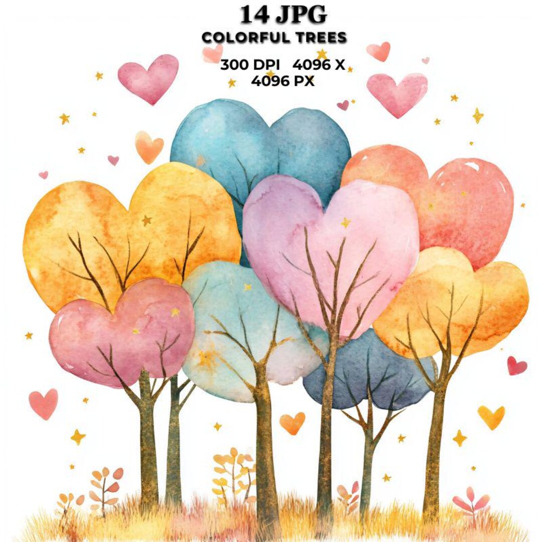 14 Colorful Trees Clipart – Whimsical Watercolor Tree Cards ...